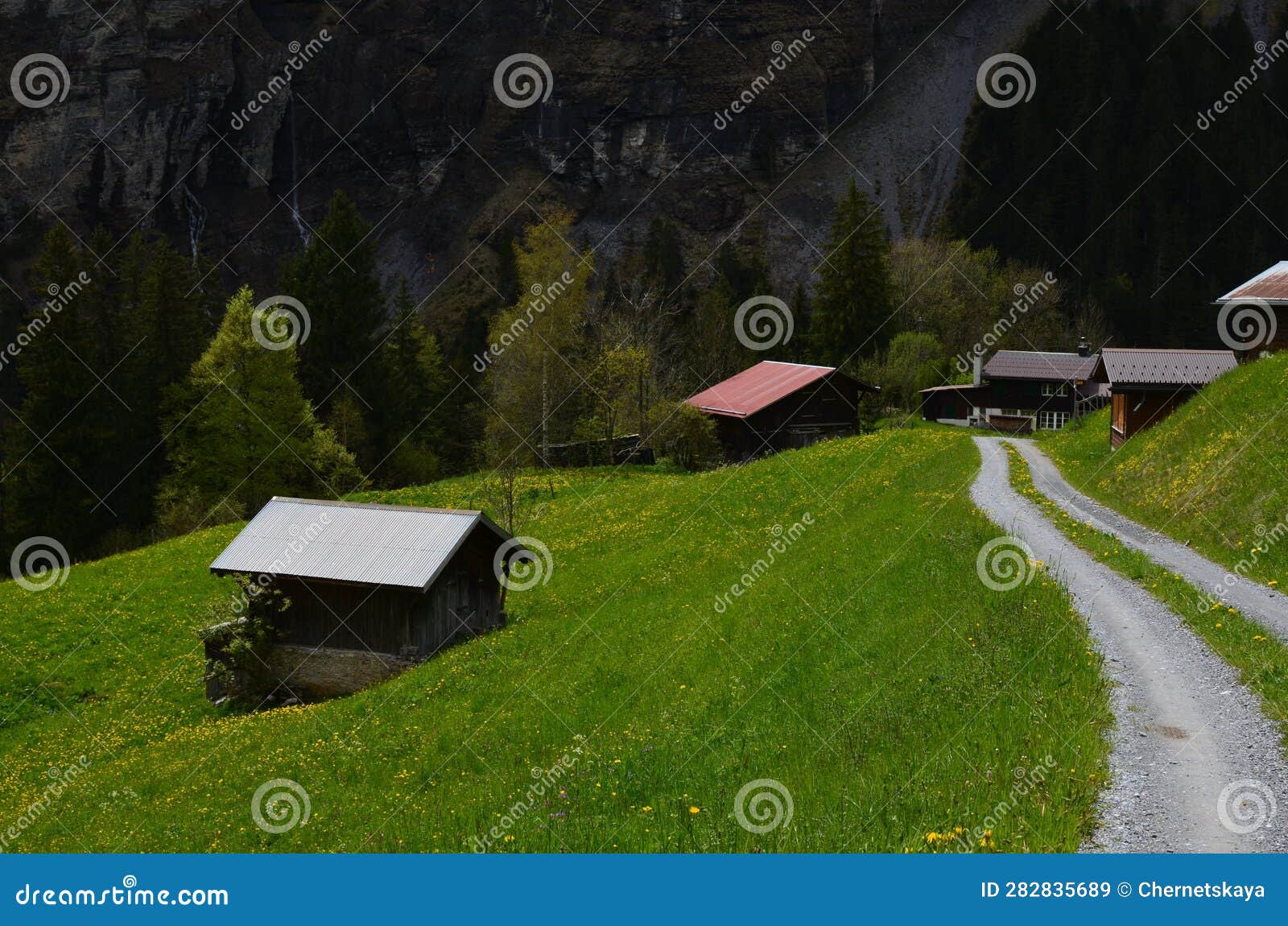 Picturesque View of Valley with Houses, Pathway and Forest in Mountains ...