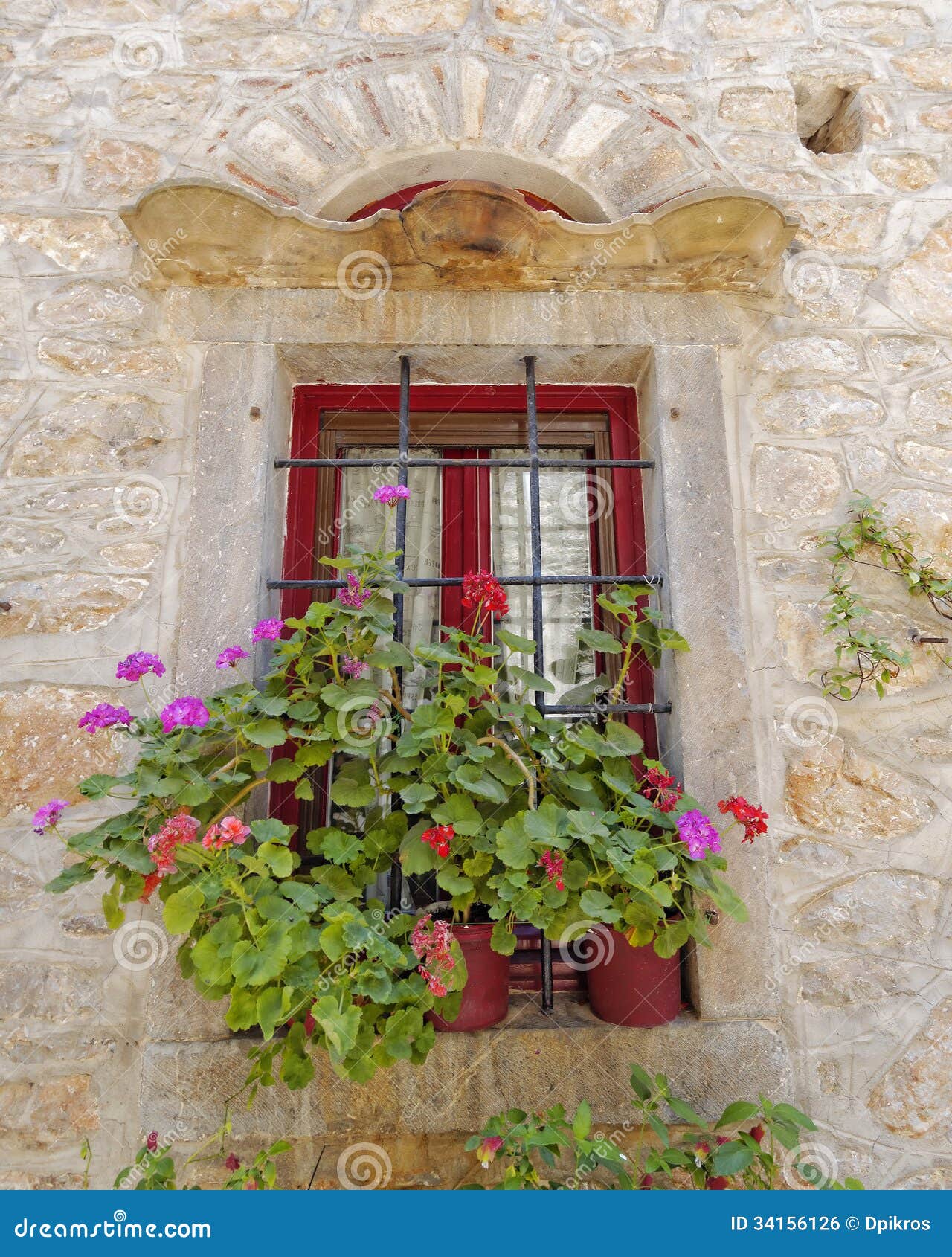 Picturesque Window and Flowerpots Stock Photo - Image of exterior ...