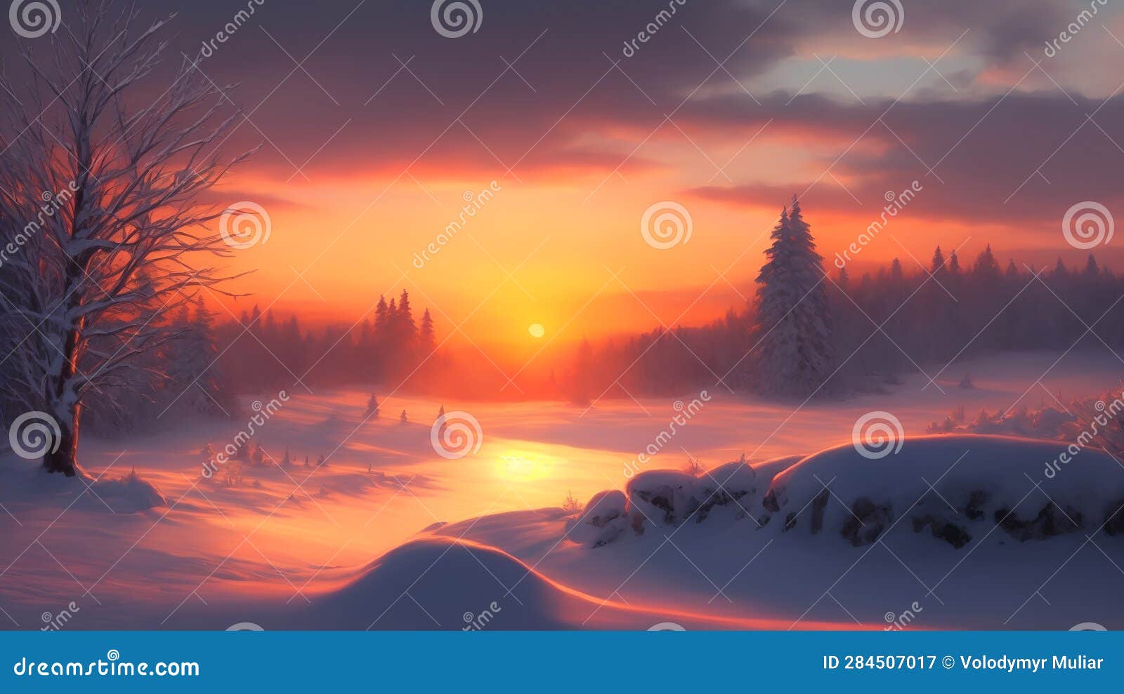 Picturesque Winter Landscape With Snow Covered Plain And Snow Covered