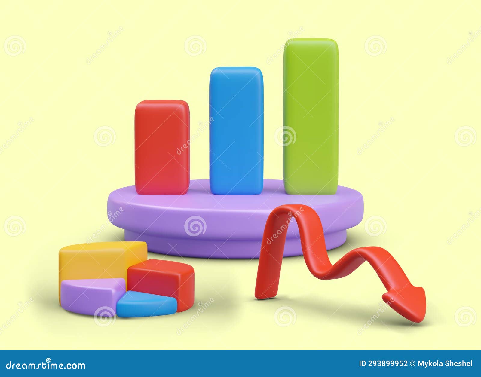 Pie Chart, Bar Graph on Podium, Arrow Pointing Down. Color Vector ...
