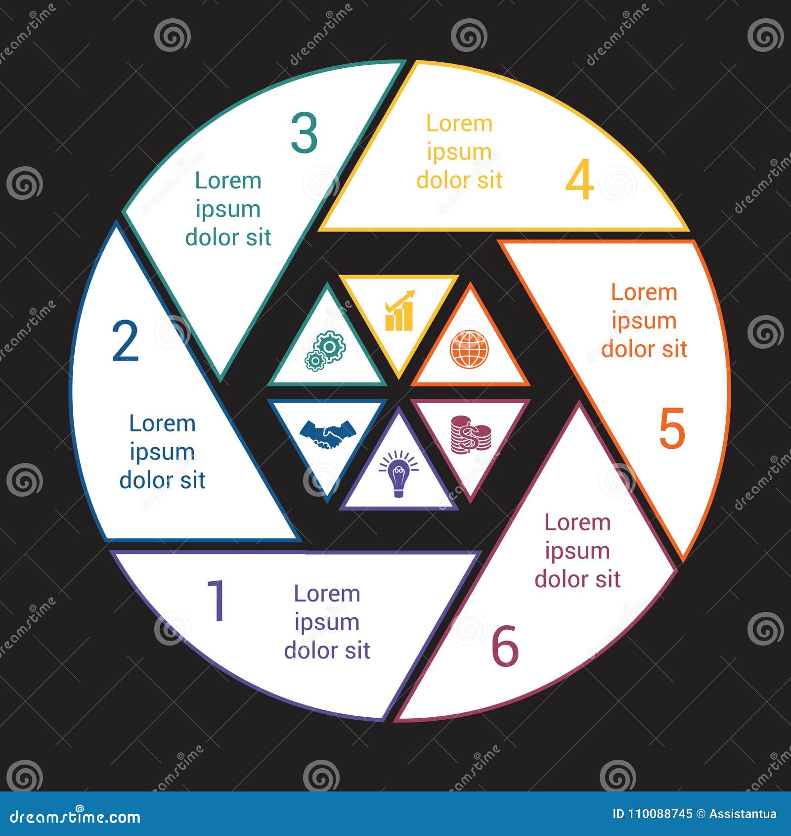 Pie Chart with Black Background from Colored Lines for 6 Options Stock ...