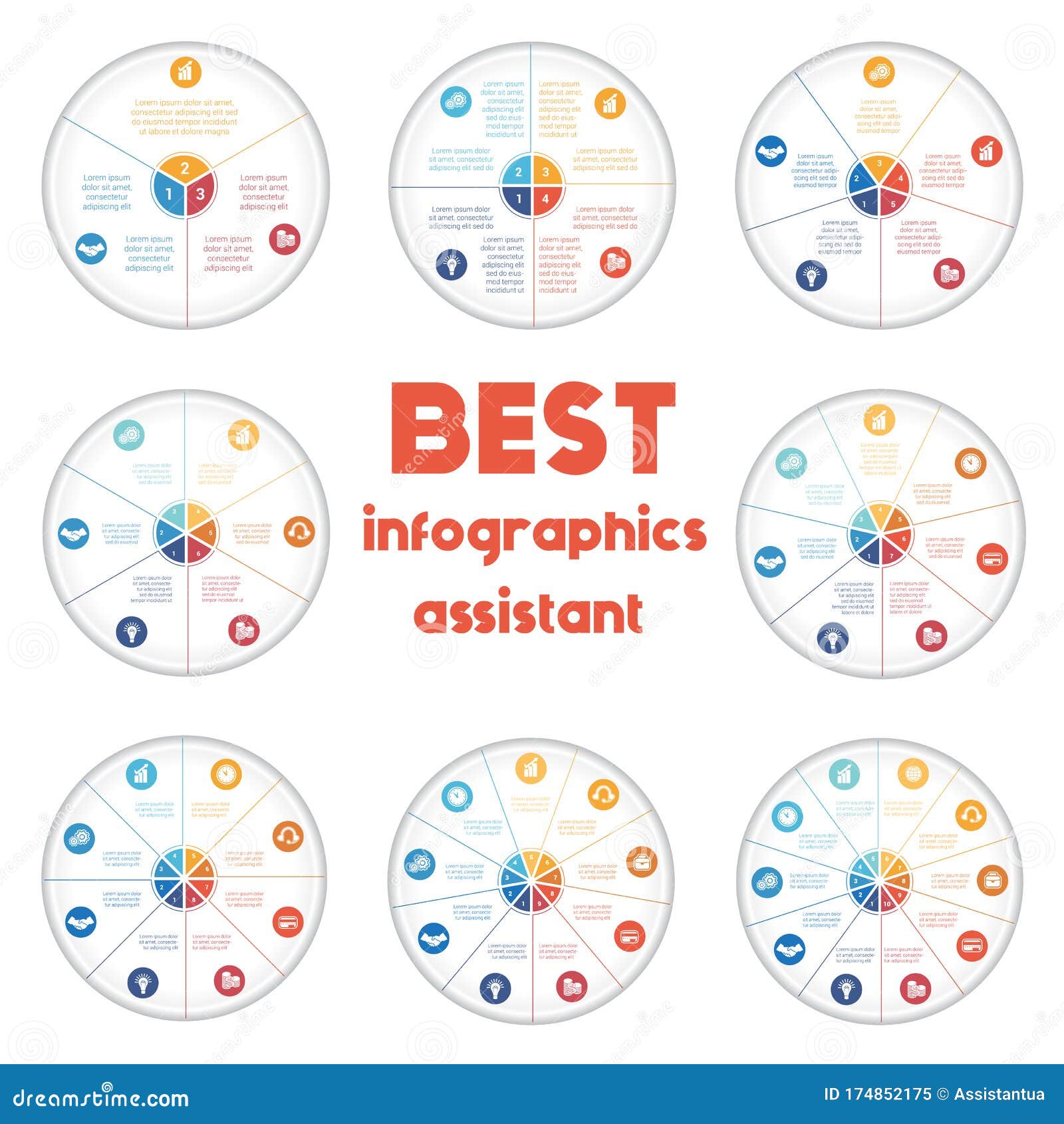 Pie Chart Diagrams Data 3, 4, 5, 6, 7, 8, 9, 10 Options for Text Area ...