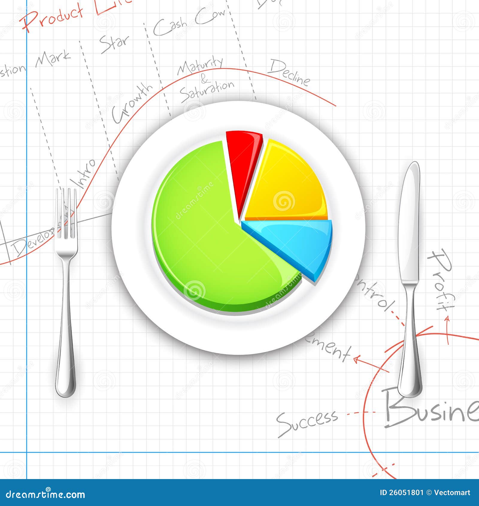 Pie Chart on Dish with Fork and Knife Stock Vector - Illustration of ...