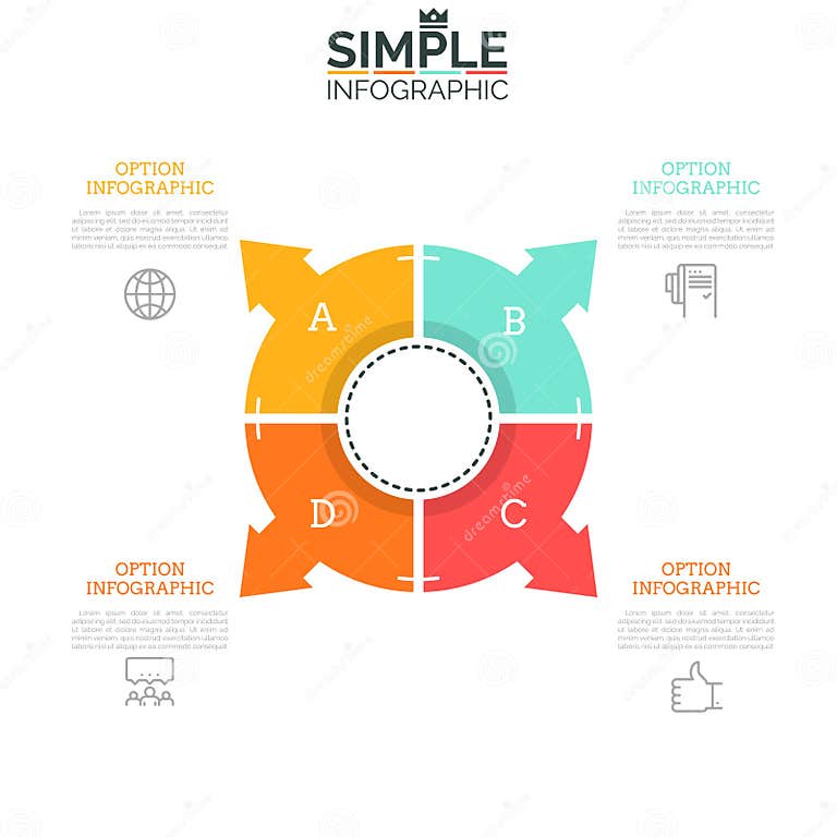 Pie Chart Divided into 4 Sectors with Arrows Pointing at Icons and Text ...