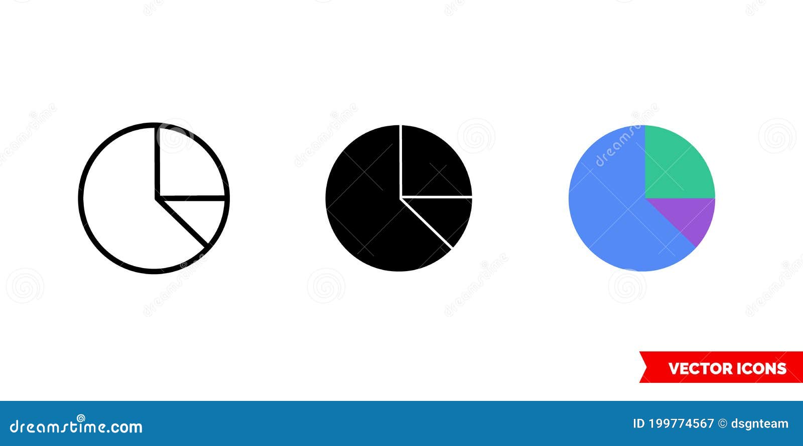 Pie Chart Icon of 3 Types Color, Black and White, Outline. Isolated ...