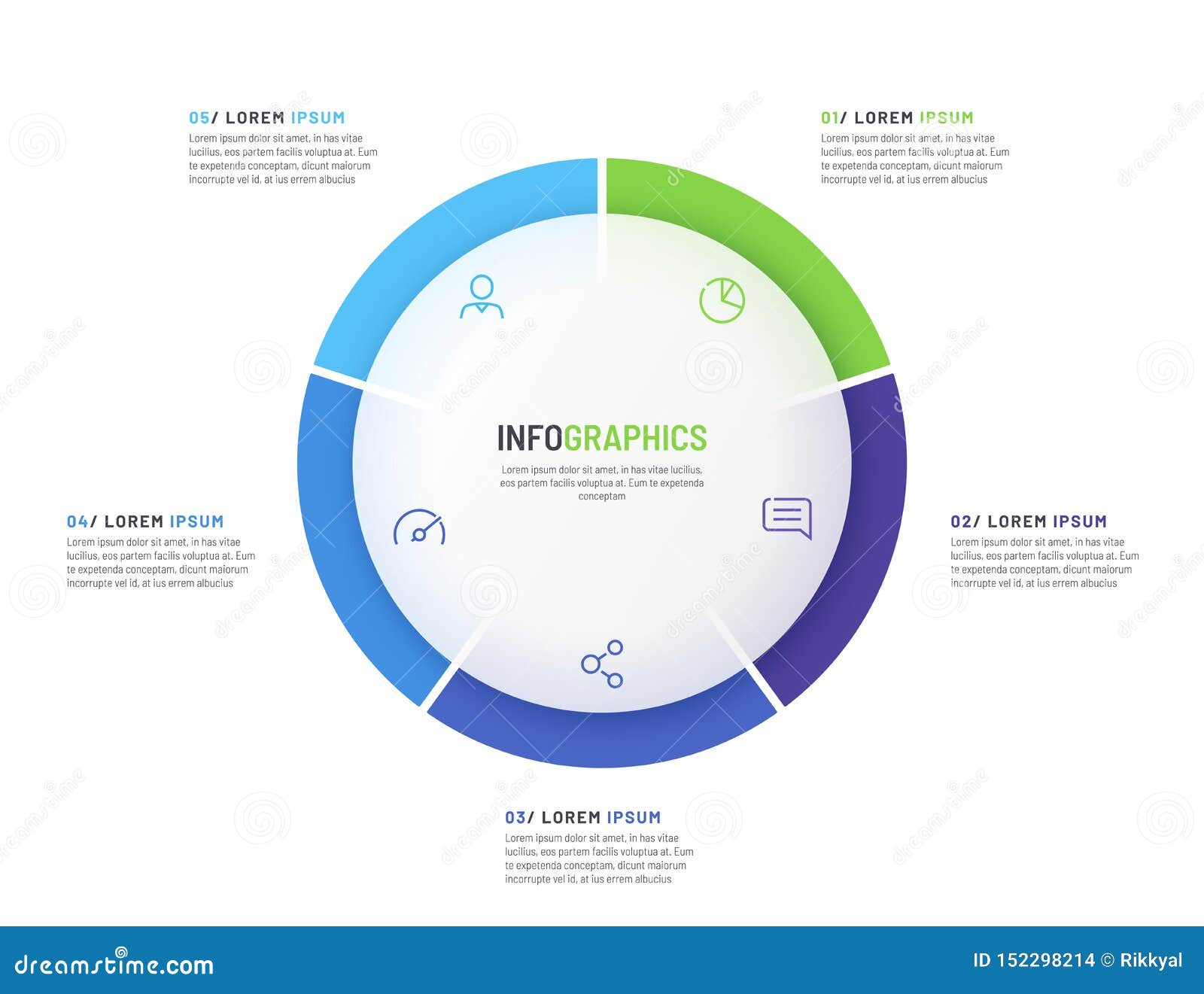 Pie Chart Infographic Template Divided by Five Parts. Vector ...