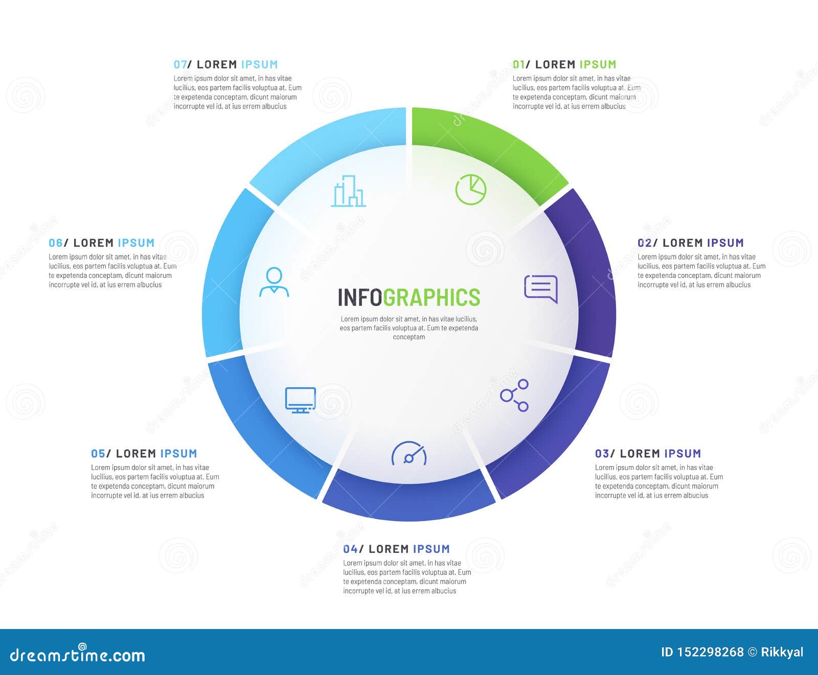 Pie Chart Infographic Template Divided by Seven Parts. Vector ...