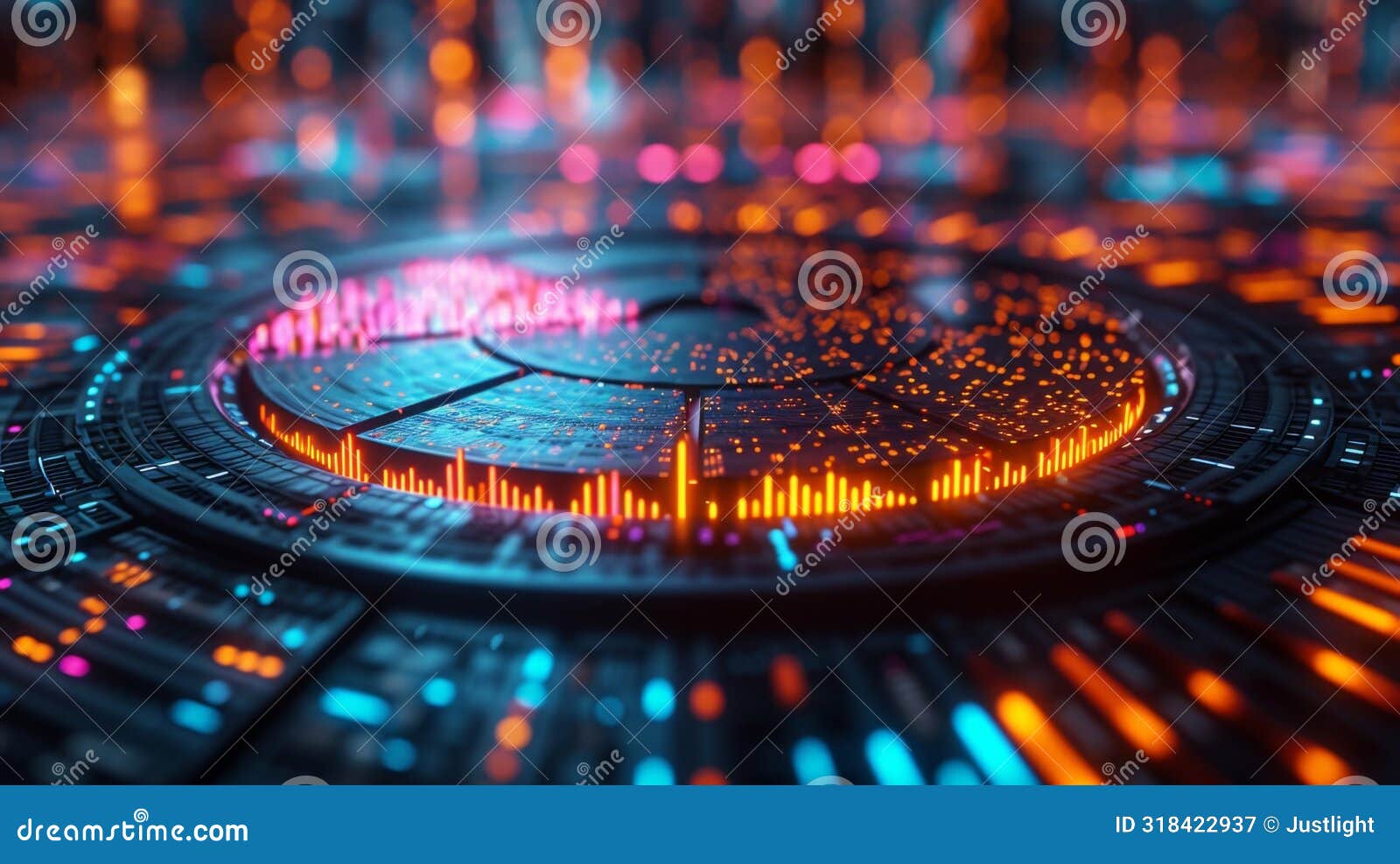 A Pie Chart Made of Neon Light Bars Glows in a Dark Futuristic Space ...