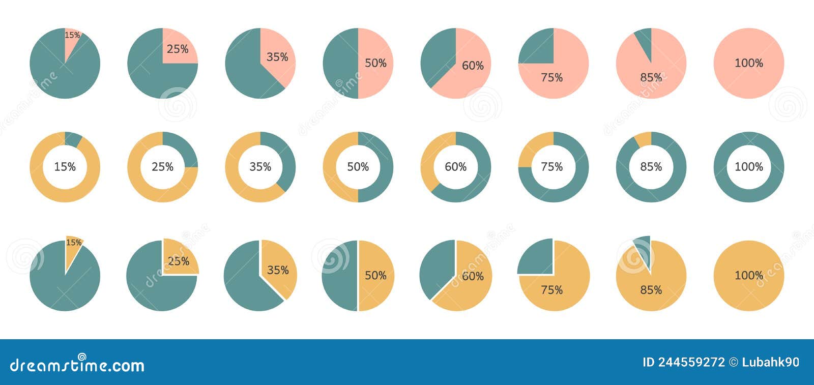 Pie Chart Percentage Color Set. Circle Graph Statistic Diagram. Segment ...