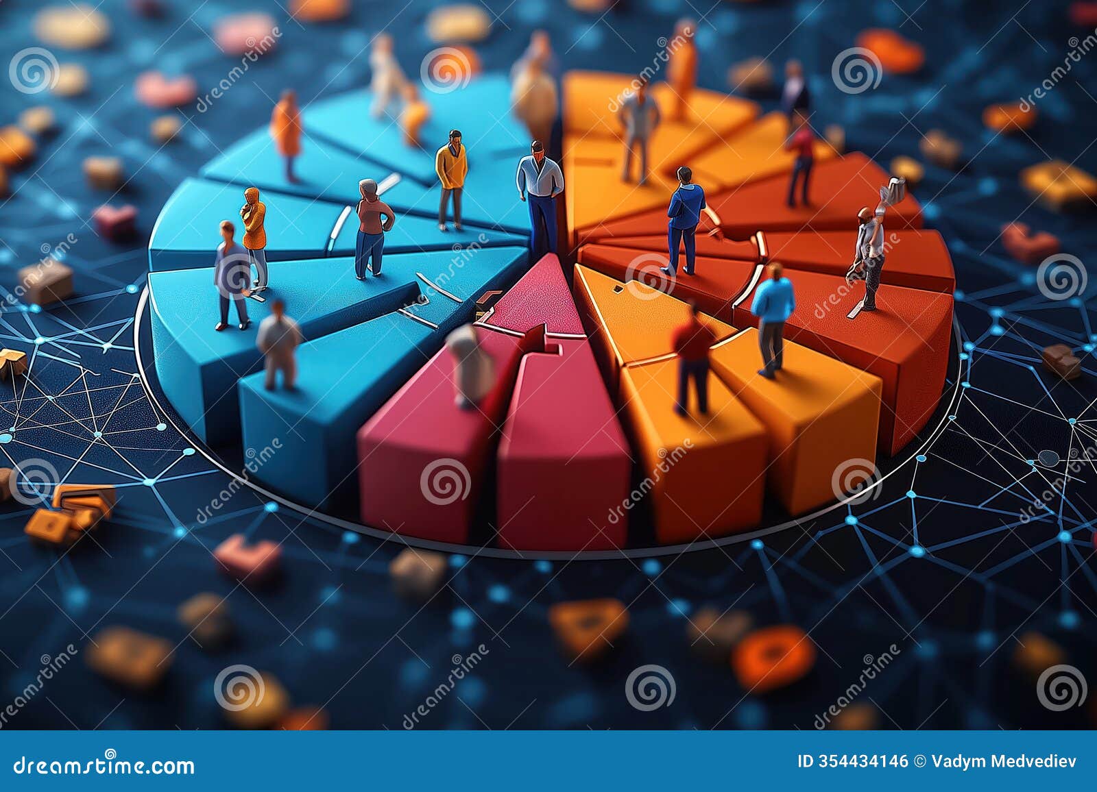 Pie Chart Visualization Displays Market Segmentation. Miniature People ...