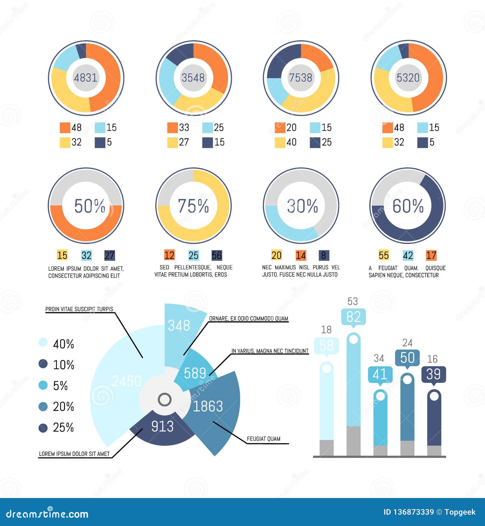 Pie Diagram Set with Percent Numeric Information Stock Vector ...