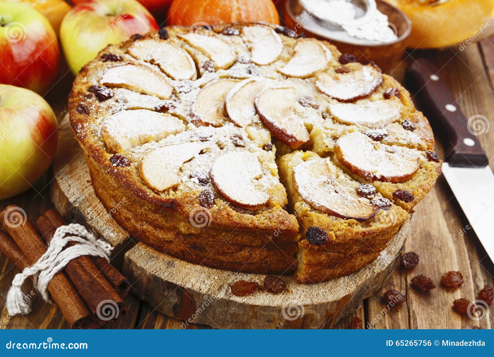 Pie with Pumpkin, Raisin and Apples Stock Photo - Image of wooden ...