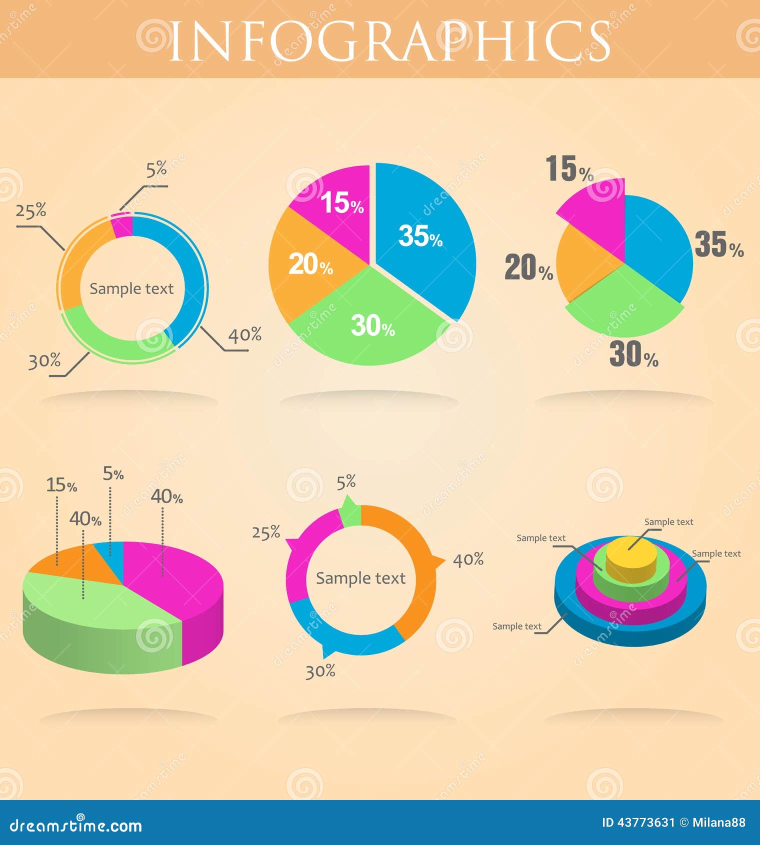 Pie Round Chart Infographics Set, Colorful Stock Vector - Illustration ...