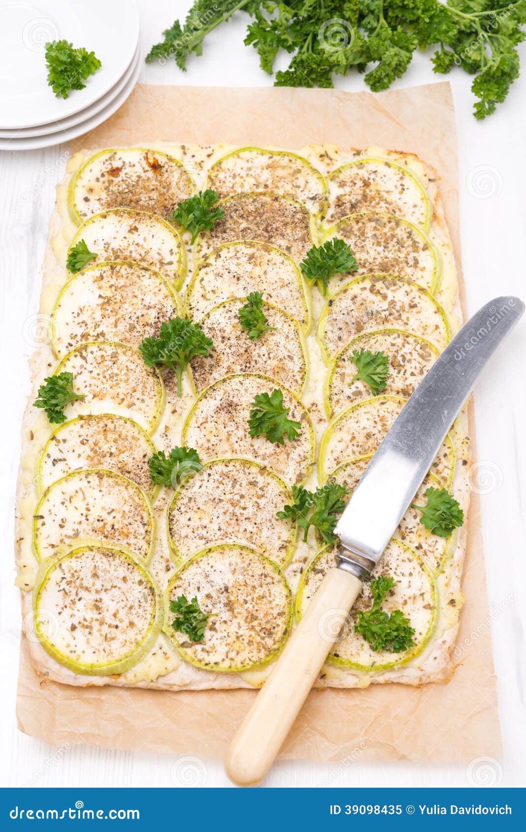 Pie with Zucchini and Herbs, Top View Vertical Stock Image - Image of ...