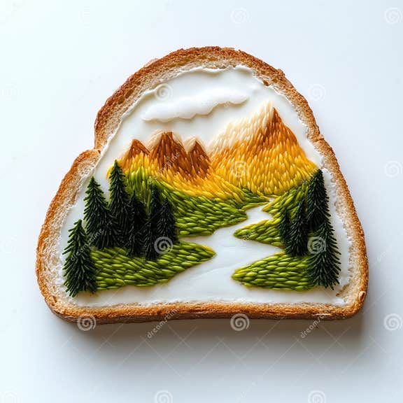 A Piece of a Bread with Mountains and Trees on it, AI Stock Image ...