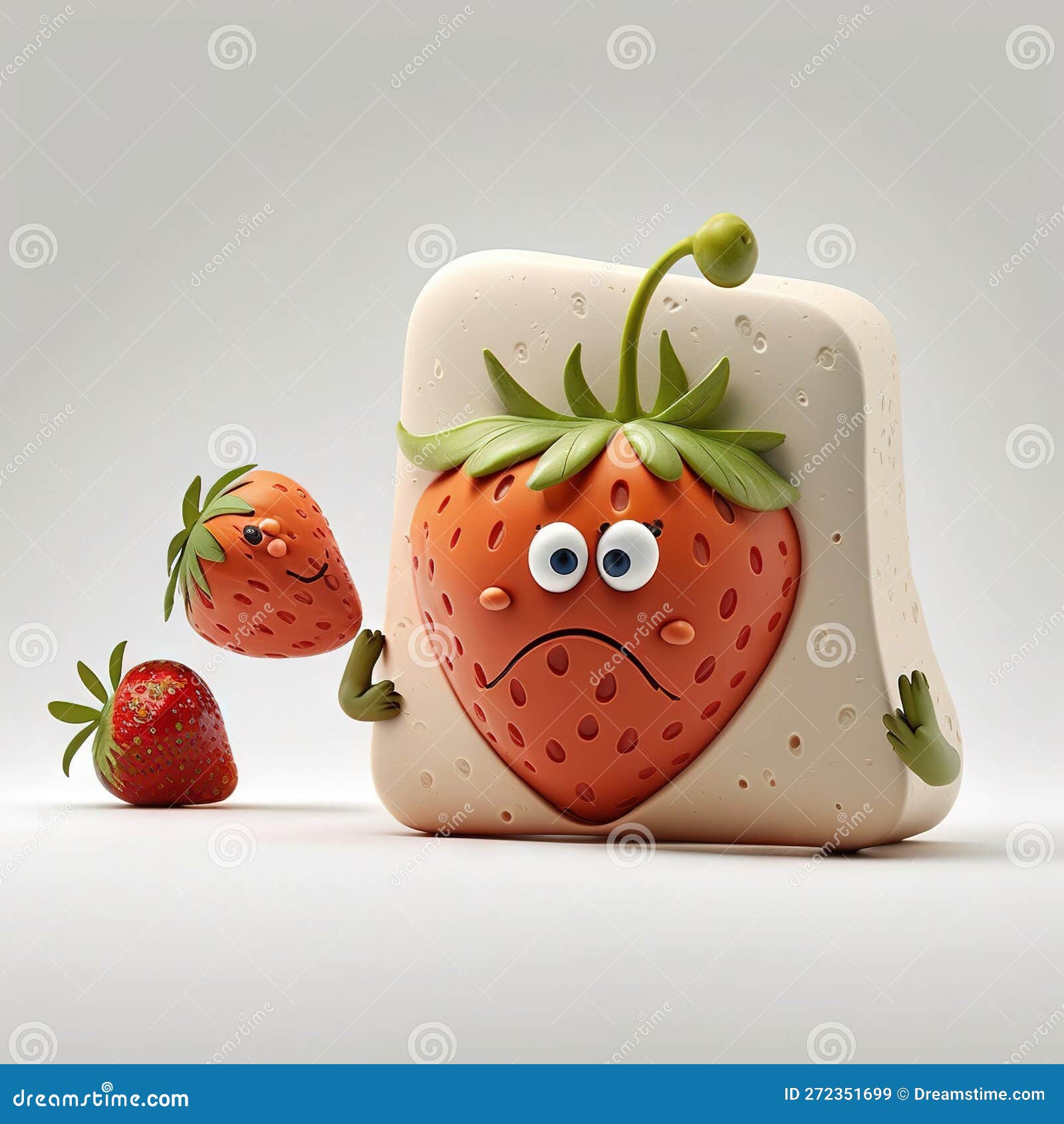 A Piece of Bread with a Sad Face and Two Strawberries Stock ...