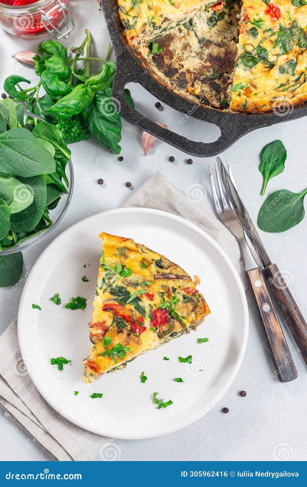 Piece of Brunch Egg Frittata with Vegetables on Plate, Vertical, Top ...