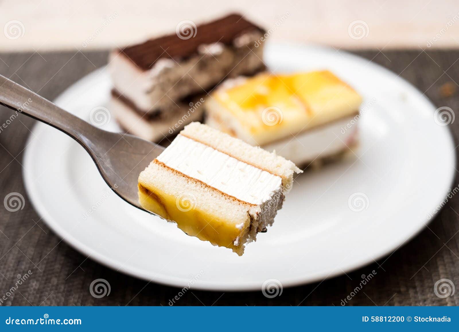 Piece of Cake on a Fork stock photo. Image of restaurant - 58812200