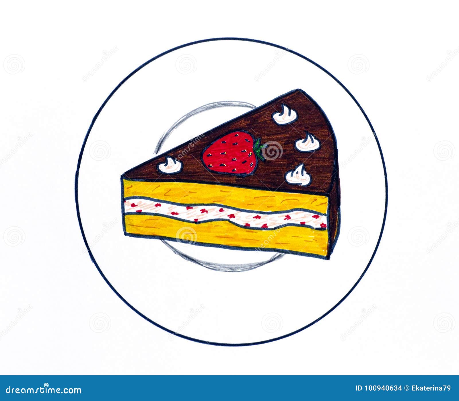 Piece of Cake on Plate. Markers Hand Drawing. Stock Illustration ...