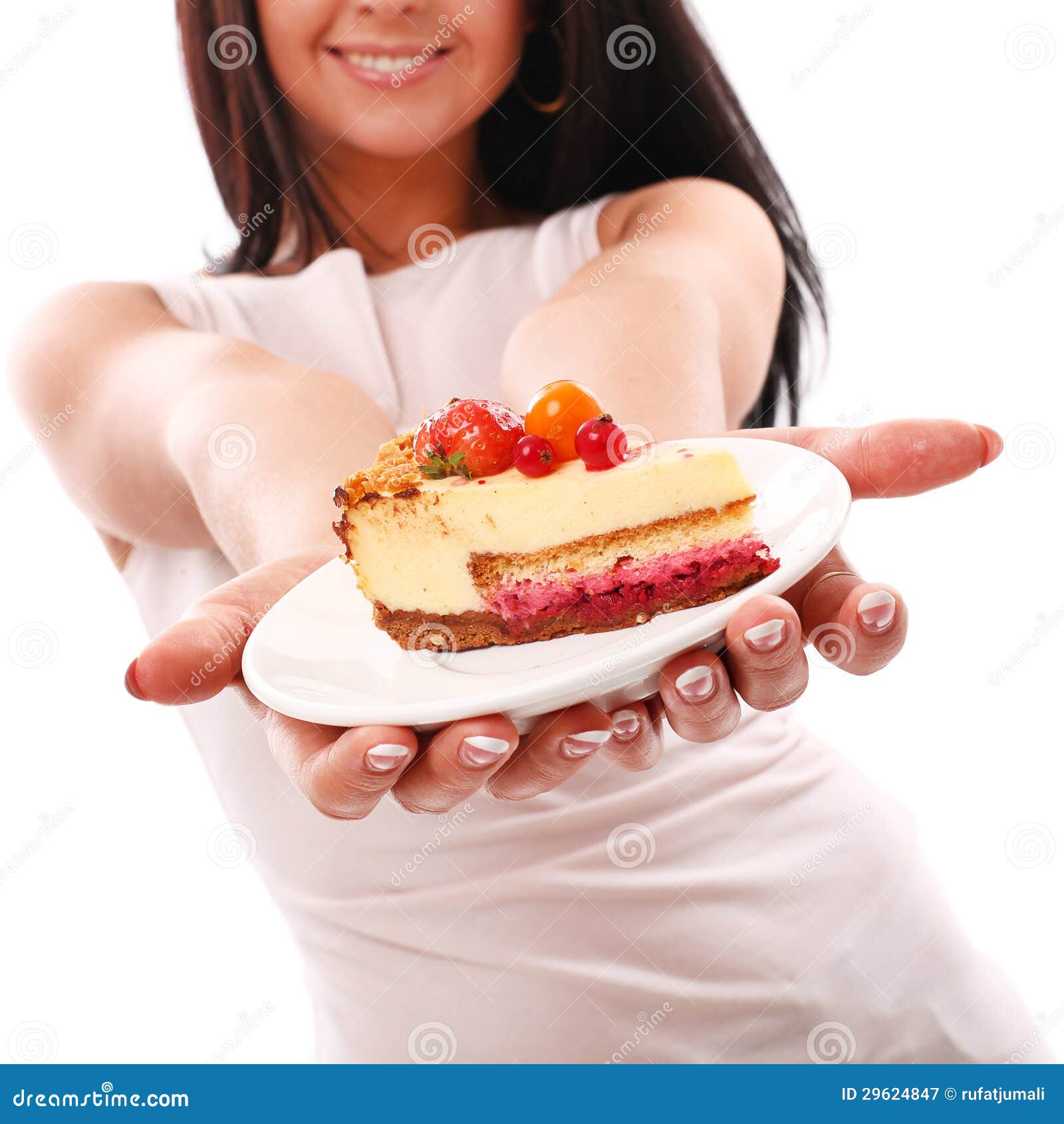 Piece of Cake in Woman Hands Stock Image - Image of isolated, calories ...