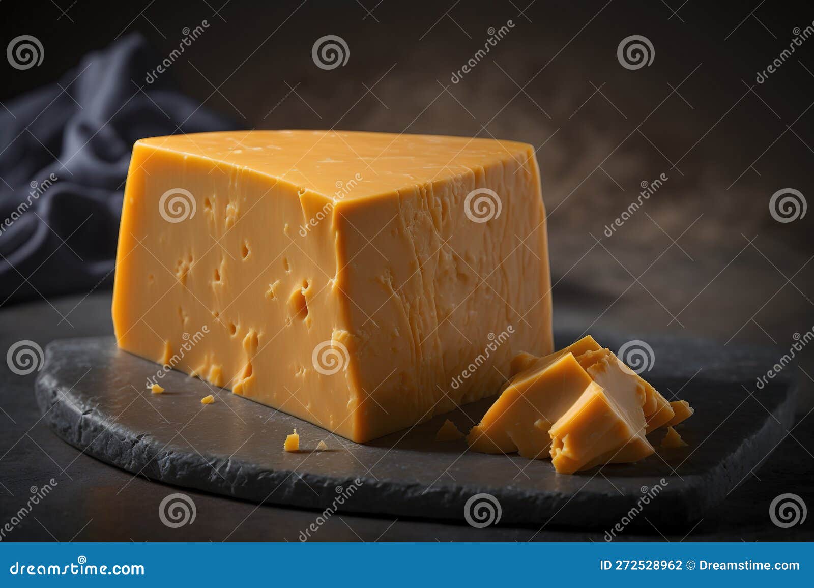 Piece of Cheddar Cheese on Black Concrete Board and Dark Background ...