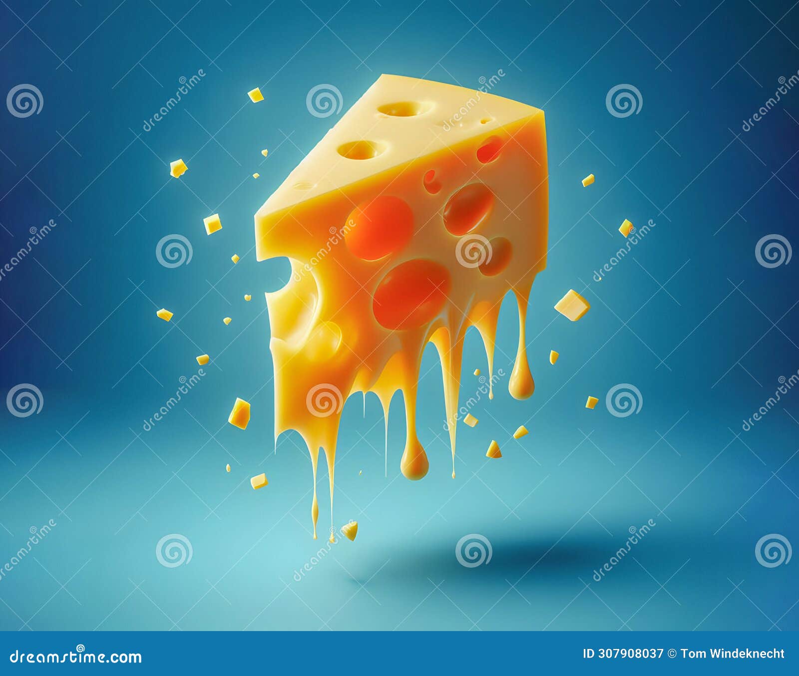Piece of Cheese Melting with a Blue Studio Background Stock ...