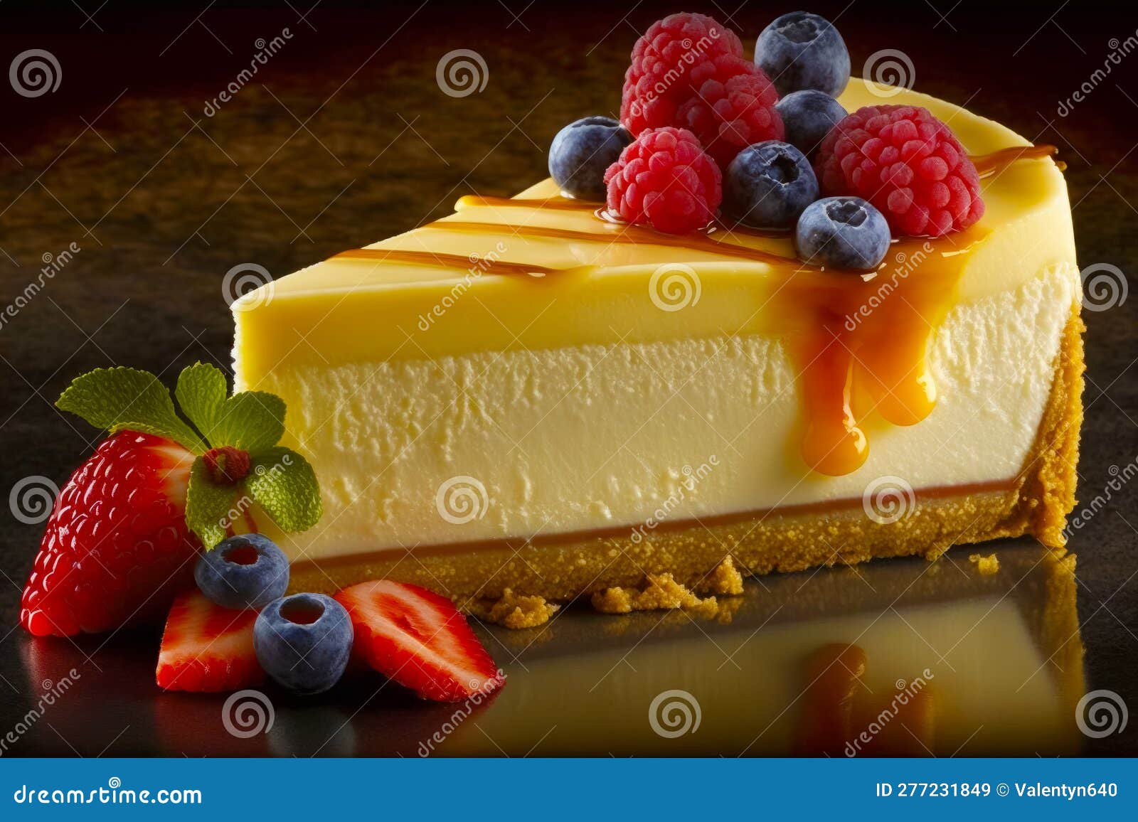 Piece of Cheesecake with Berries and Drizzle of Caramel. Generative AI ...