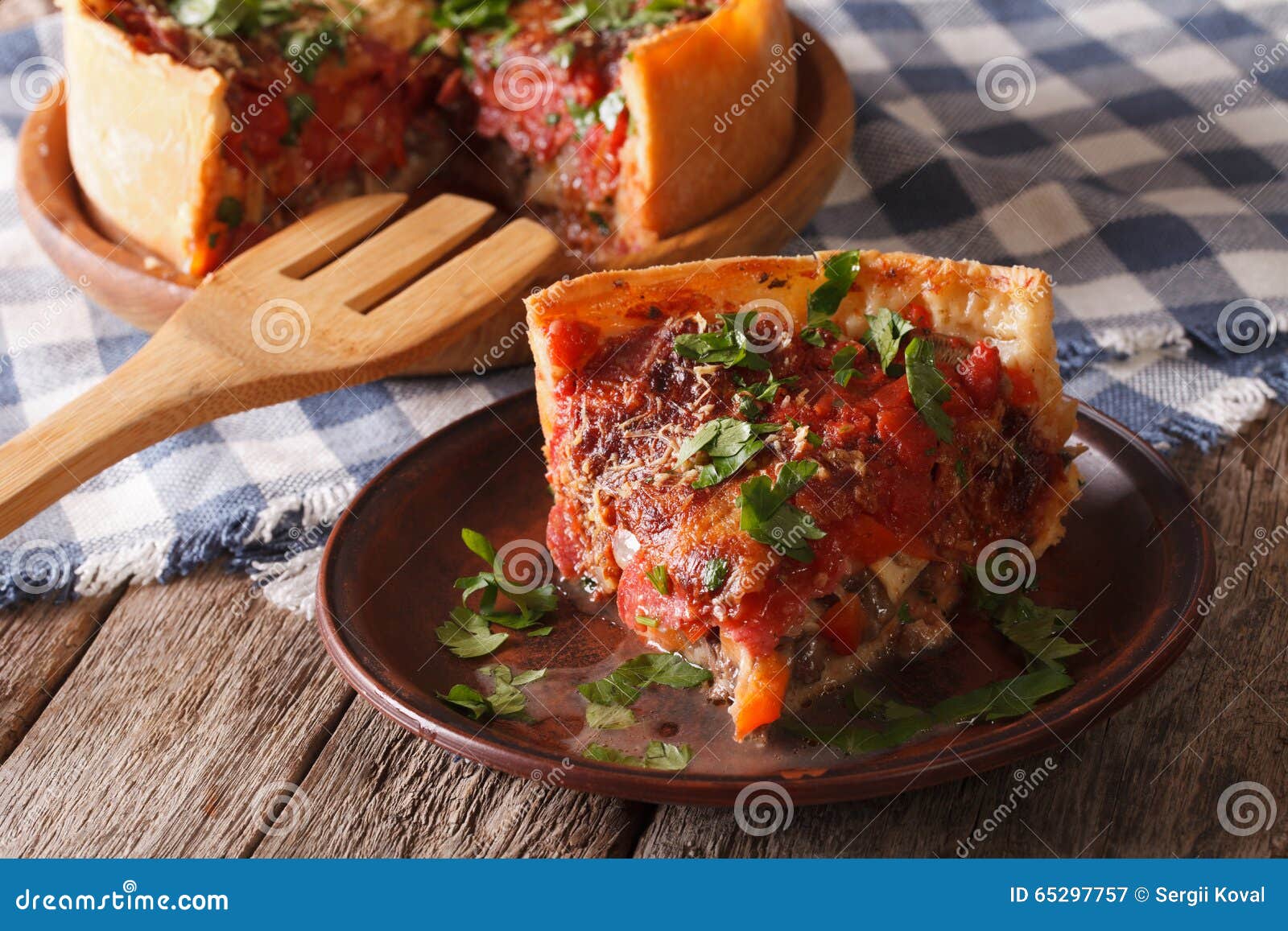 Piece of Chicago Deep Dish Pizza Closeup on a Plate. Horizontal Stock ...