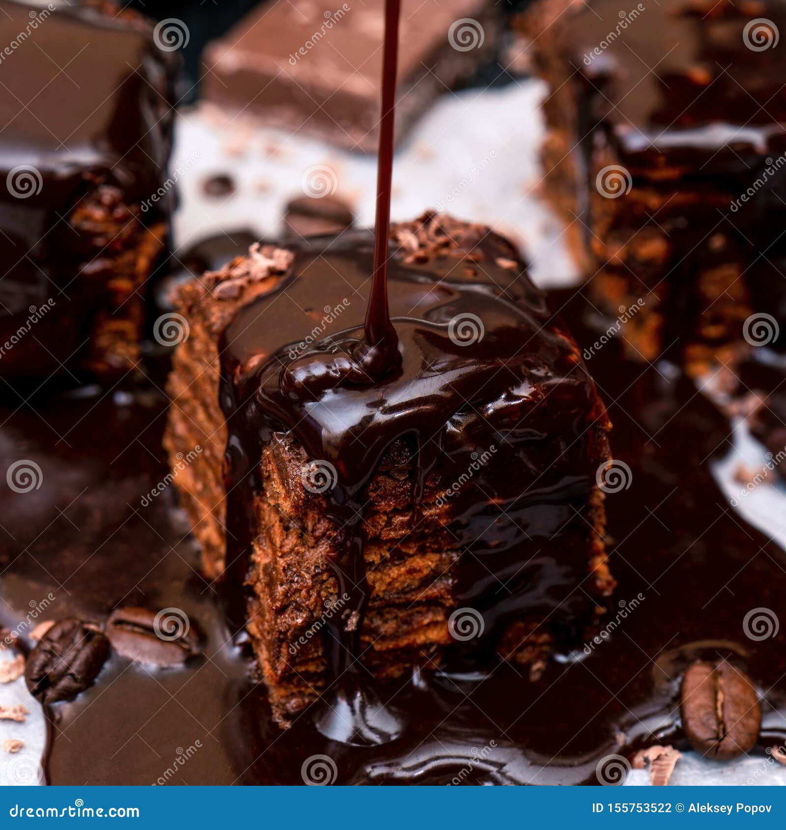 Piece of Chocolate Cake. Liquid Chocolate Flows on Top of the Cake ...