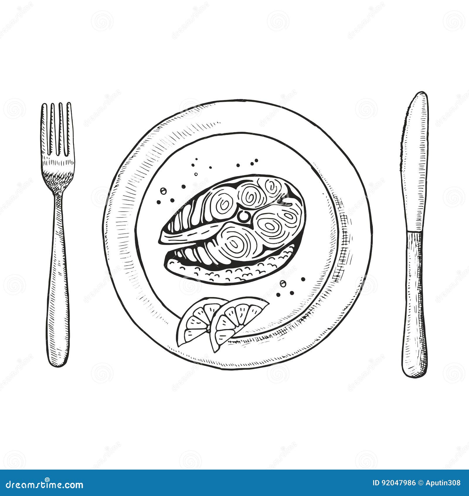 A Piece of Fish on a Plate with a Fork and Knife. Vector Hand Drawing ...