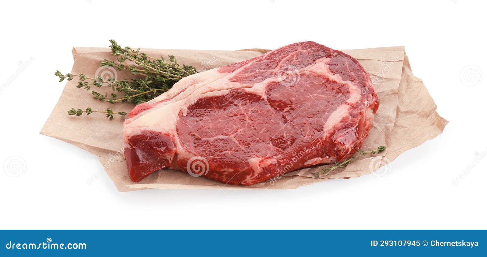 Piece of Fresh Beef Meat and Thyme Isolated on White Stock Image ...