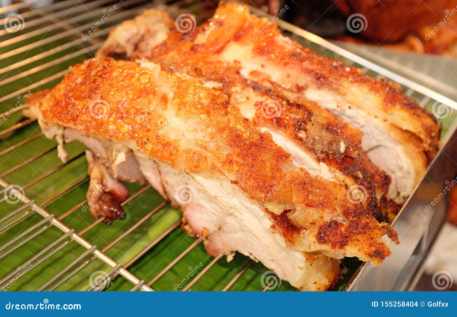 Piece of Golden Whole Roasted Pig Stock Photo - Image of barbeque ...