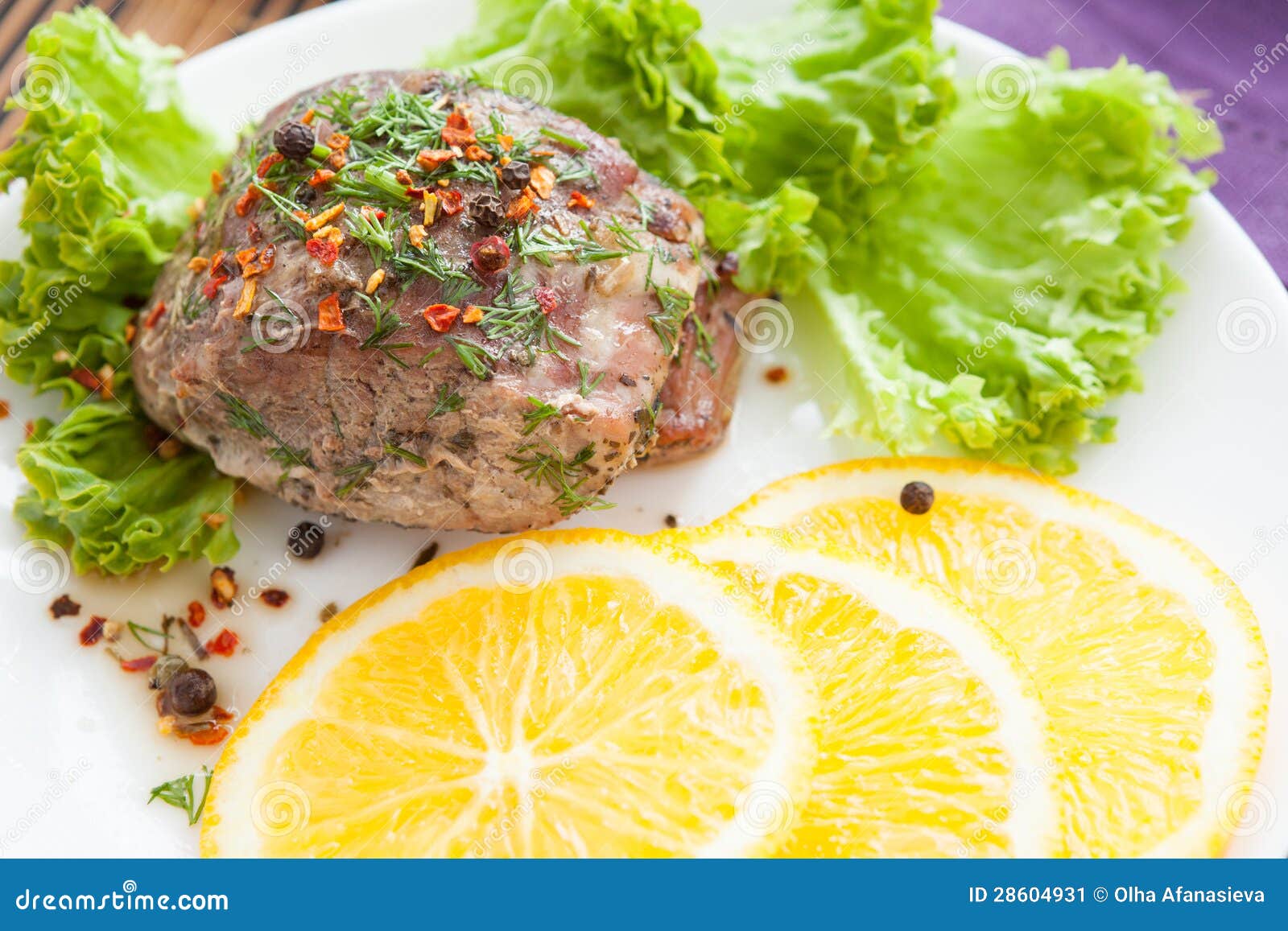 Piece of Grilled Juicy Meat with Orange Stock Image - Image of close ...