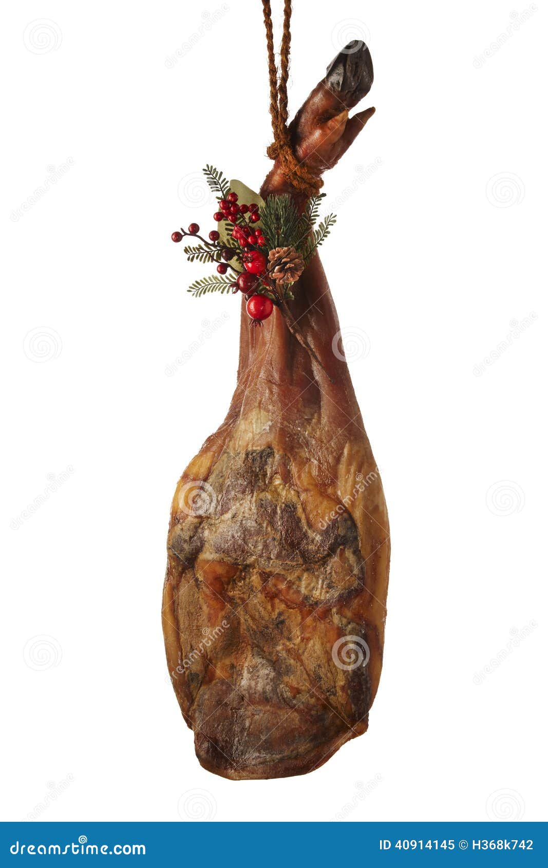 Piece of Ham Decorated for Christmas. Isolated on White Stock Image ...