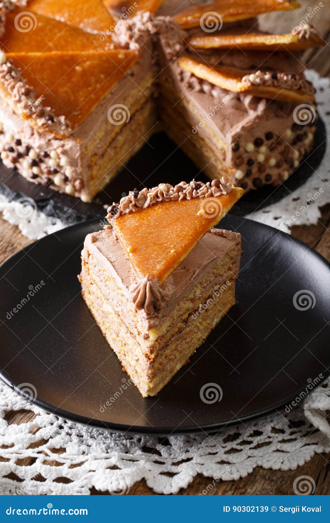 Piece of Hungarian Dobos Cake with Caramel Close-up. Vertical Stock ...