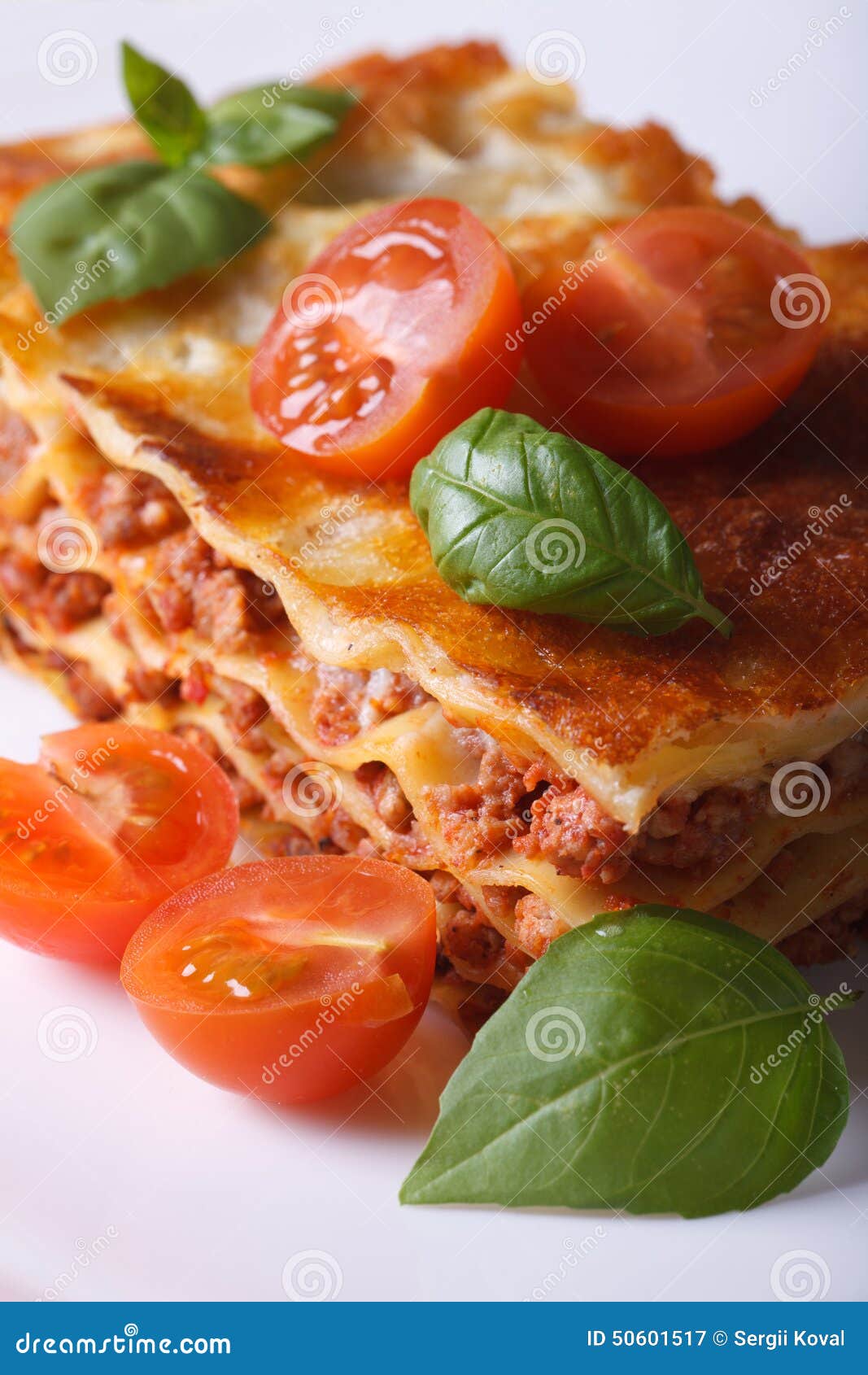 Piece of Lasagna on a White Plate. Vertical Close-up Stock Image ...