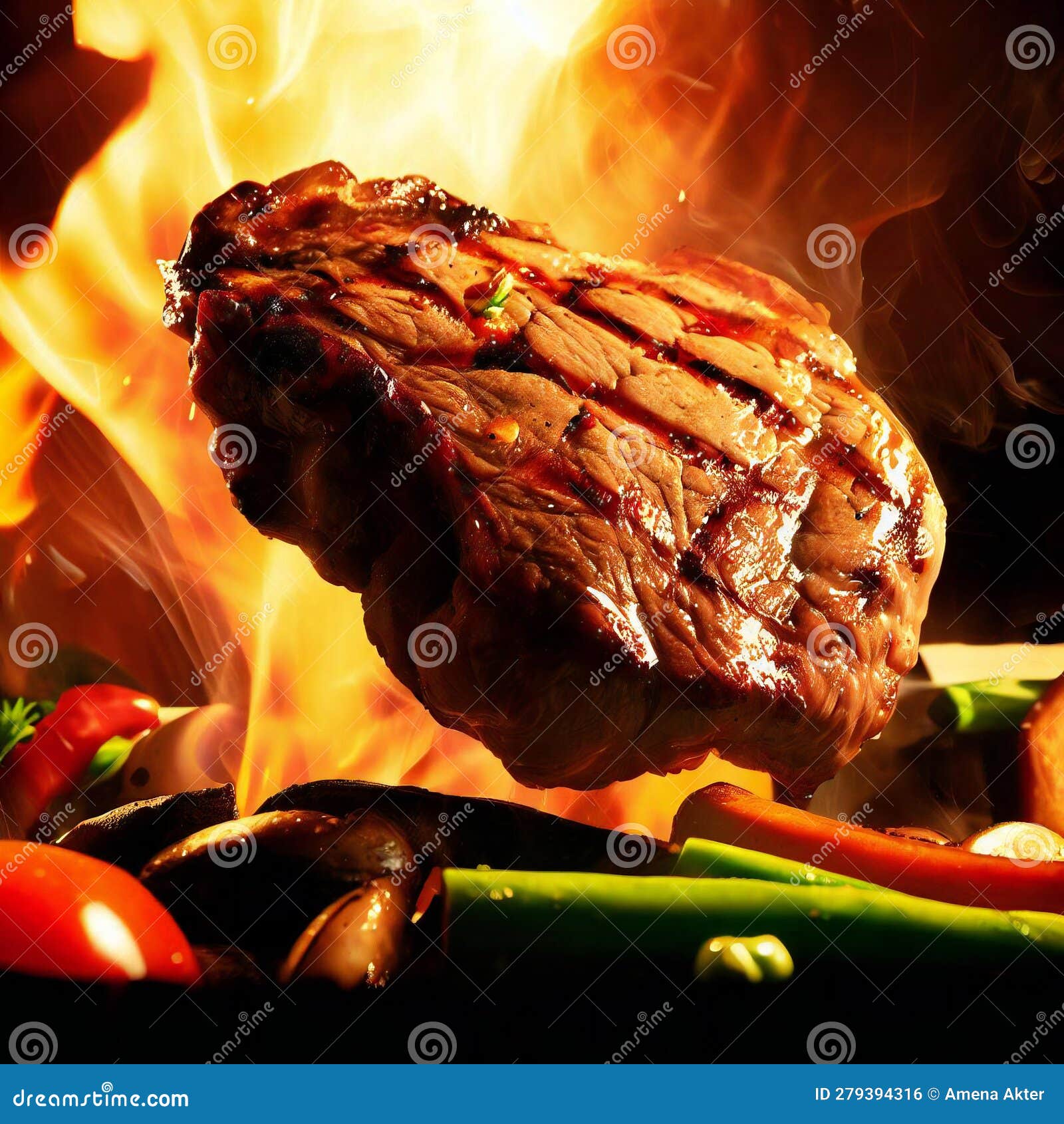 A Piece of Meat is Being Cooked Over a Fire Stock Illustration ...