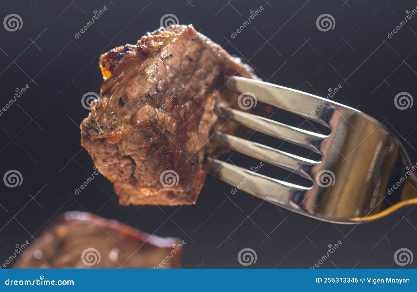 Piece of meat on a fork . stock photo. Image of fork - 256313346