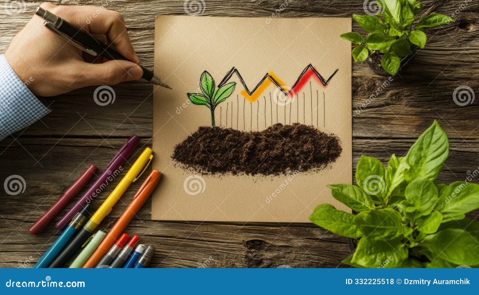 On a Piece of Paper, Hands are Drawn with a Plant with a Growth Chart ...