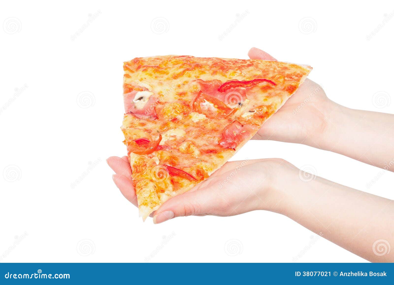 Piece of a Pizza in Giving Hands Stock Image - Image of edible, sausage ...