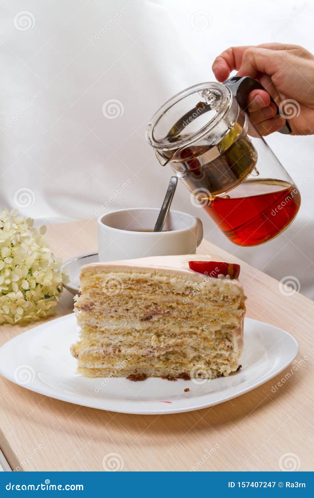 Piece of Puff Cake with Hot Tea Stock Image - Image of hand, fruit ...