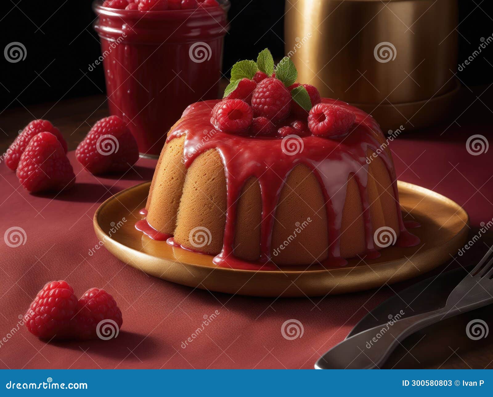 Piece of Raspberry Bundt Cake with Fresh Raspberries and Jam Stock ...