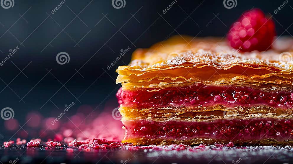 A Piece of Raspberry Pastry on a Black Table Stock Photo - Image of ...