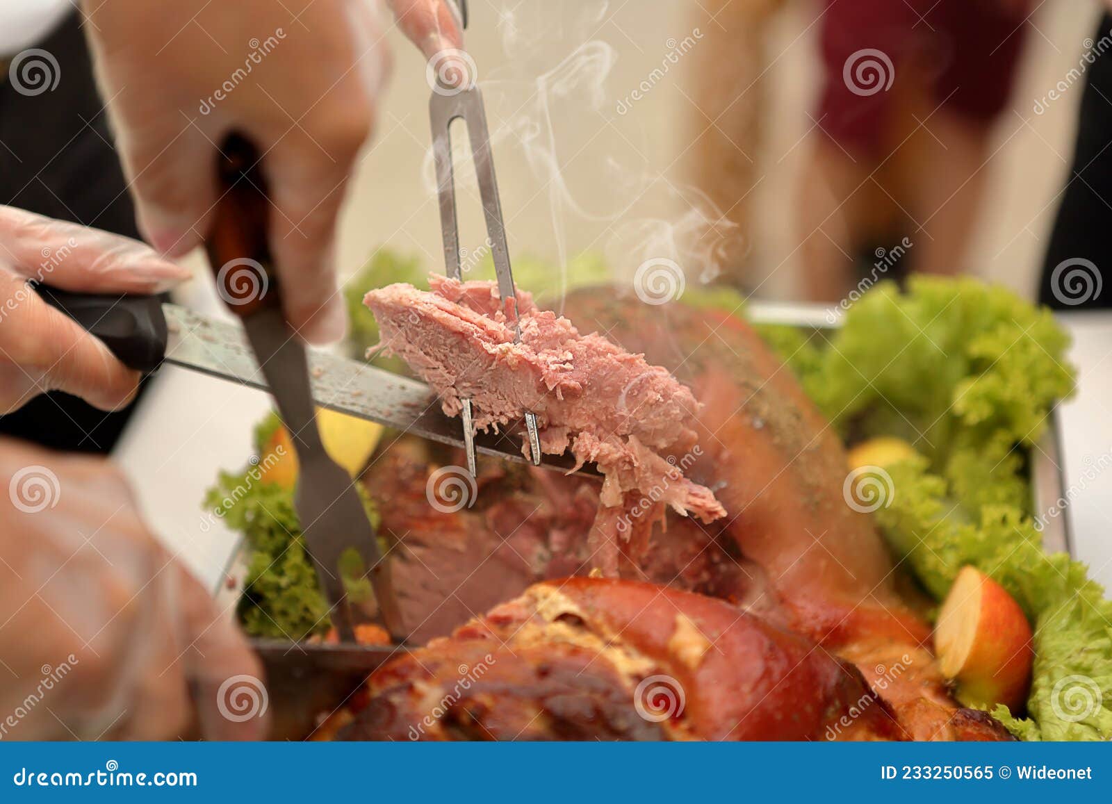 Piece of Roasted Pork Ham at the Party or Wedding Reception Waiter ...
