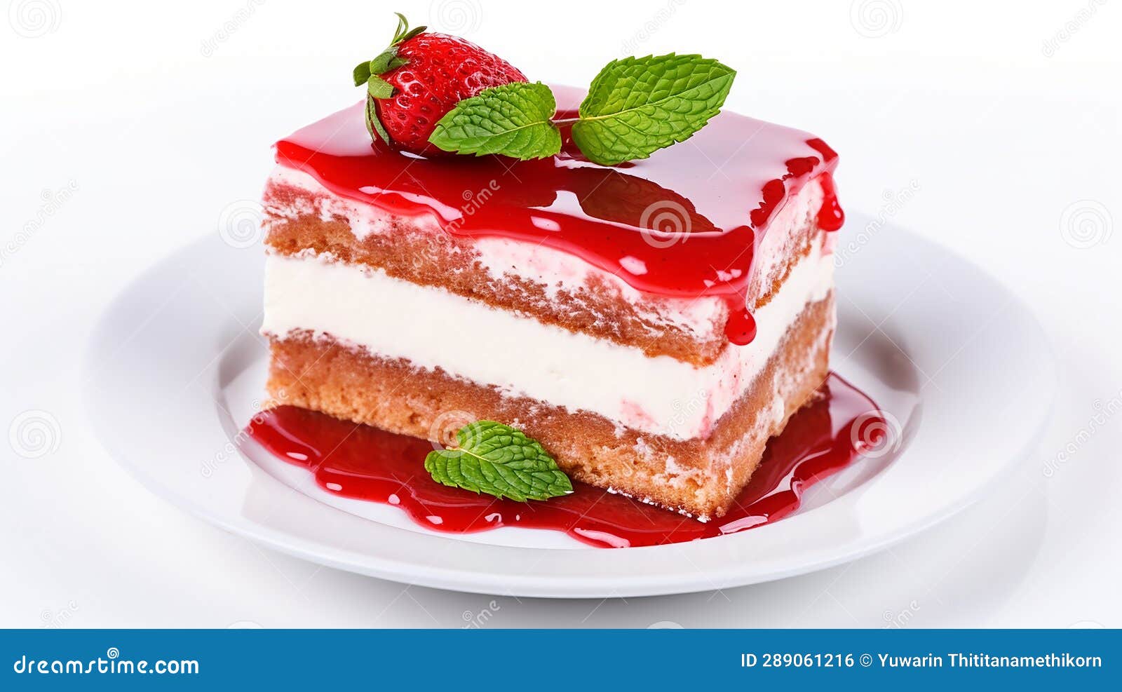 A Piece of Strawberry Cake with Melted Strawberry Jam on a White Plate ...