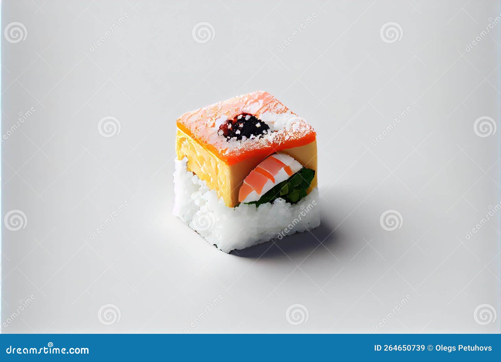 A Piece of Sushi with a Lady Bug on Top of it on a White Surface with a ...