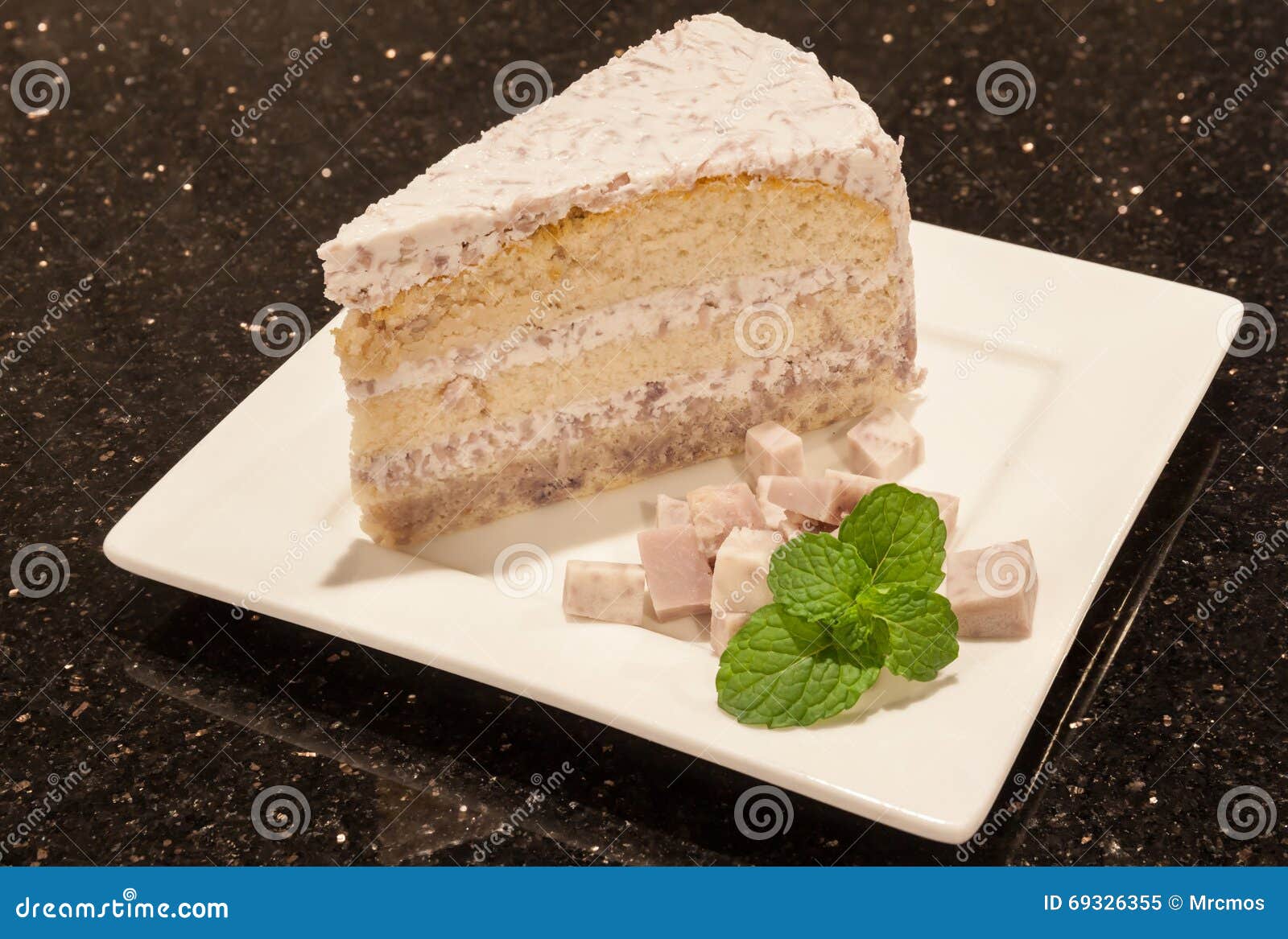 Piece of Tasty Taro Cake Served on White Square Plate. Stock Image ...