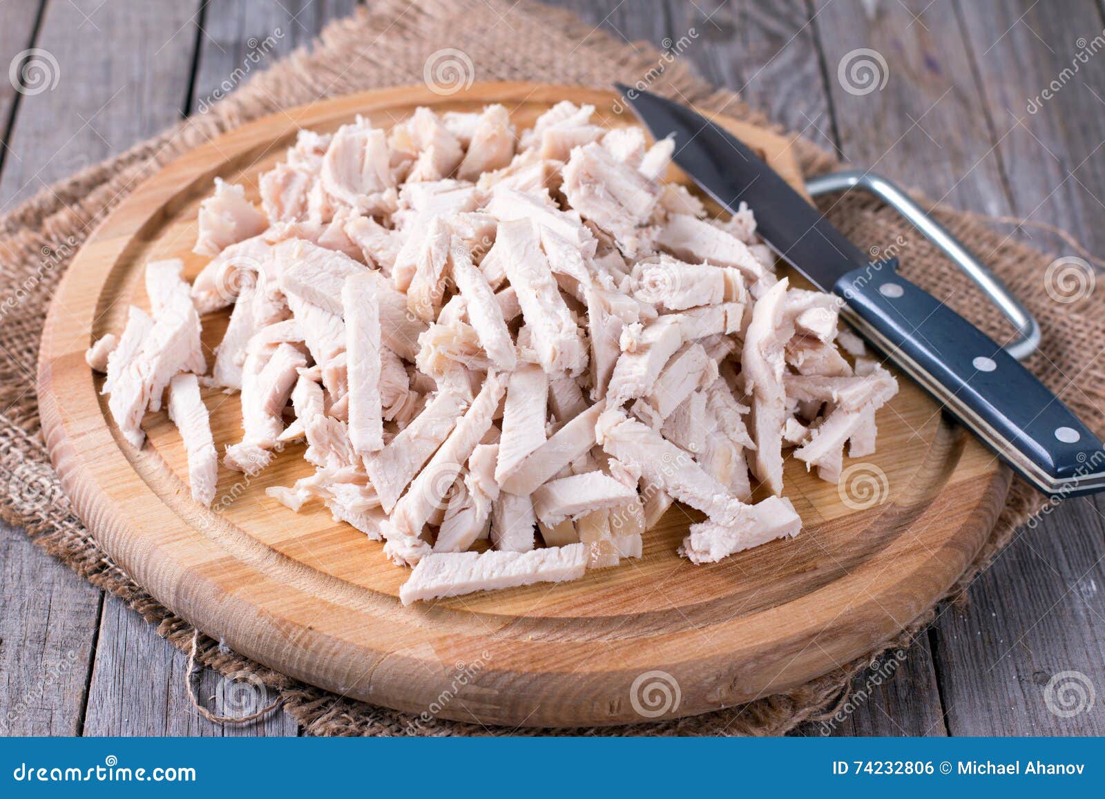 Pieces of Boiled Chicken Breast on Wooden Background Stock Photo ...