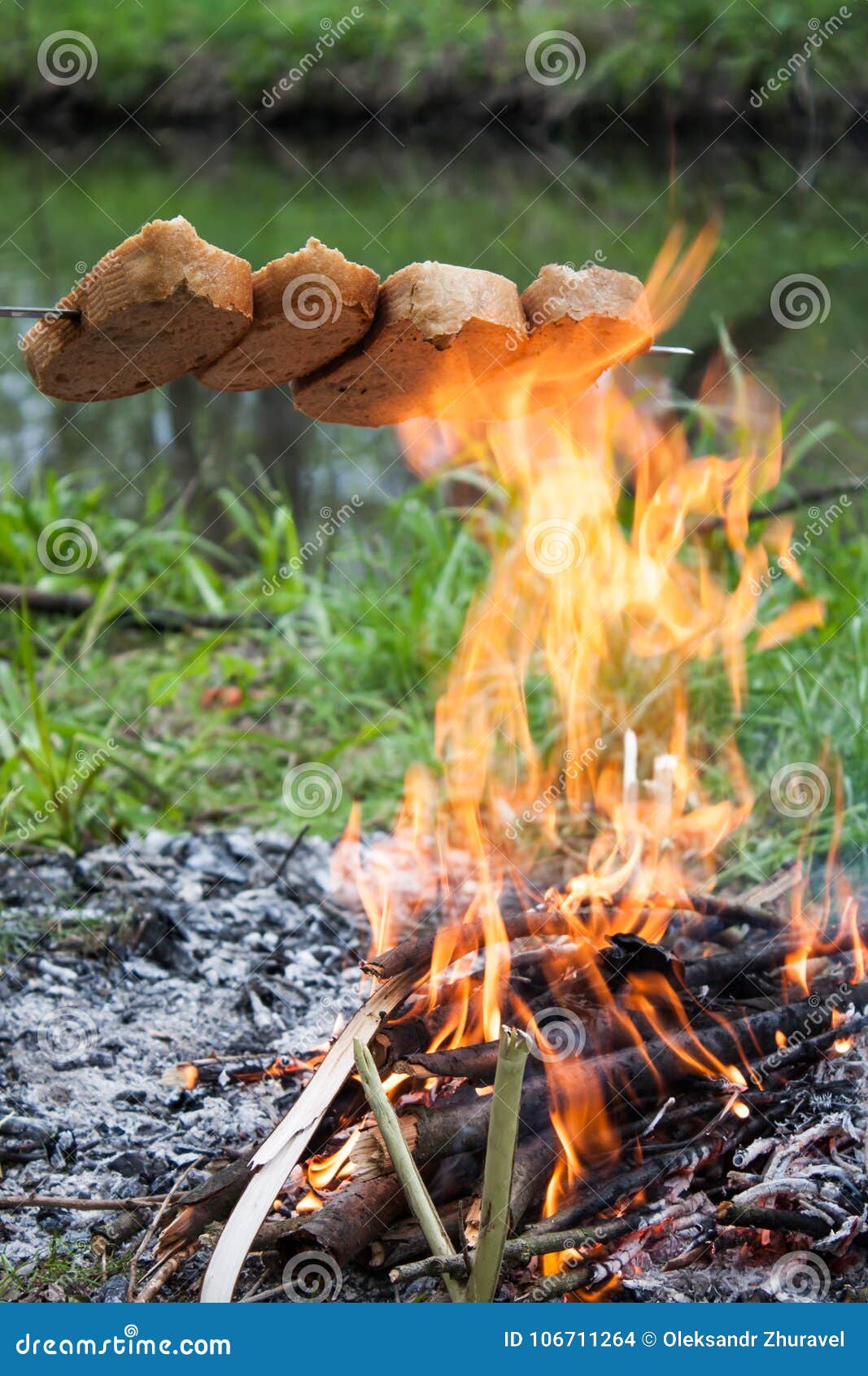 Bread roasting on the fire stock photo. Image of slice - 106711264