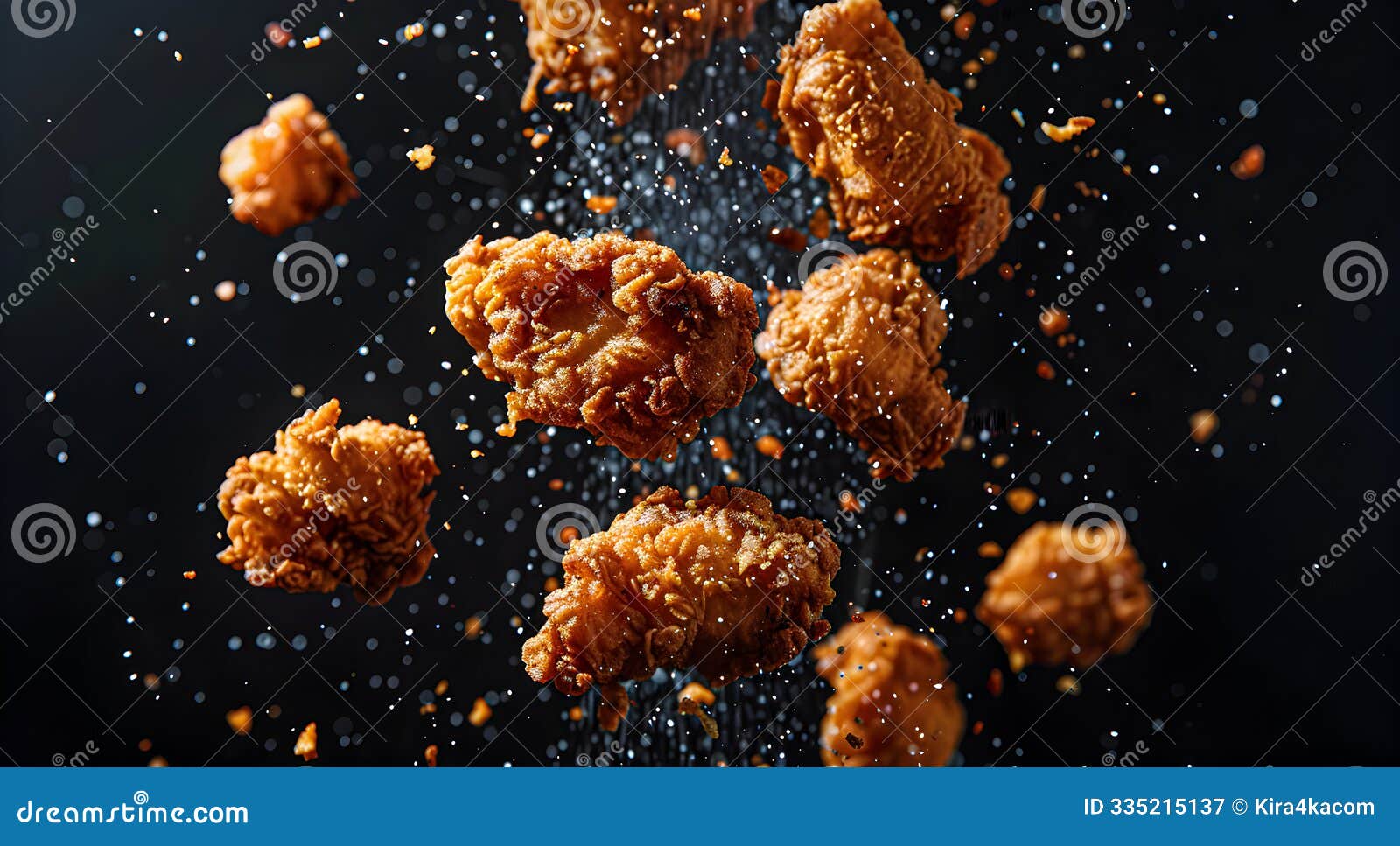Pieces of Breaded Fried Chicken Falling Against a Black Background ...